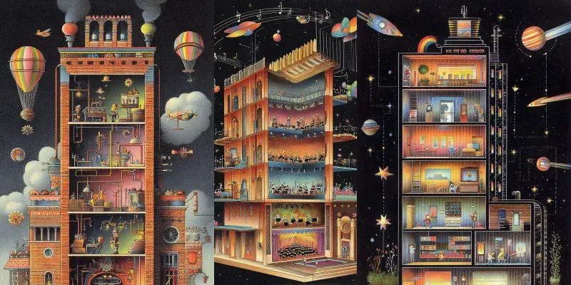 Whimsical Vertical Cutaway Building Generator App | PromptBase