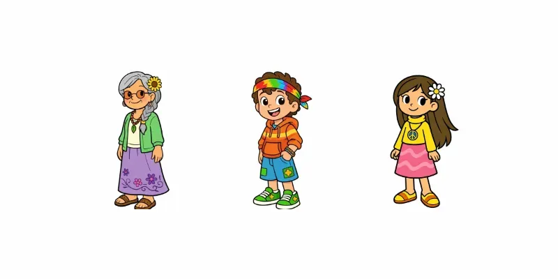 2d Hippie Cartoon Characters Collection Generator App | PromptBase